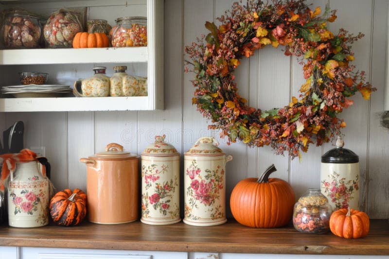 Autumnal Kitchen Decor with Pumpkins, Jars, and a Wreath Stock ...