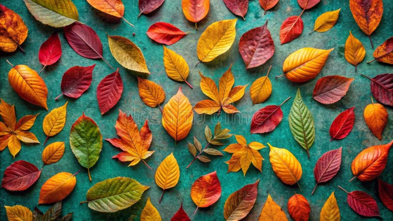 Autumnal Leaf Collection a Vibrant Display of Fall Foliage on a Teal ...