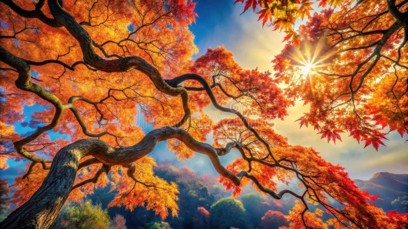 Autumnal Majesty a Low-angle View of a Twisted Maple Tree in Vibrant ...