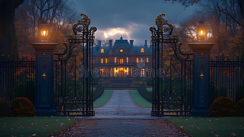 Autumnal Mansion Gate Entry, Illuminated at Dusk Stock Illustration ...