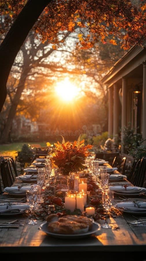 Autumnal Outdoor Table Setting with Candles and Fall Foliage ...