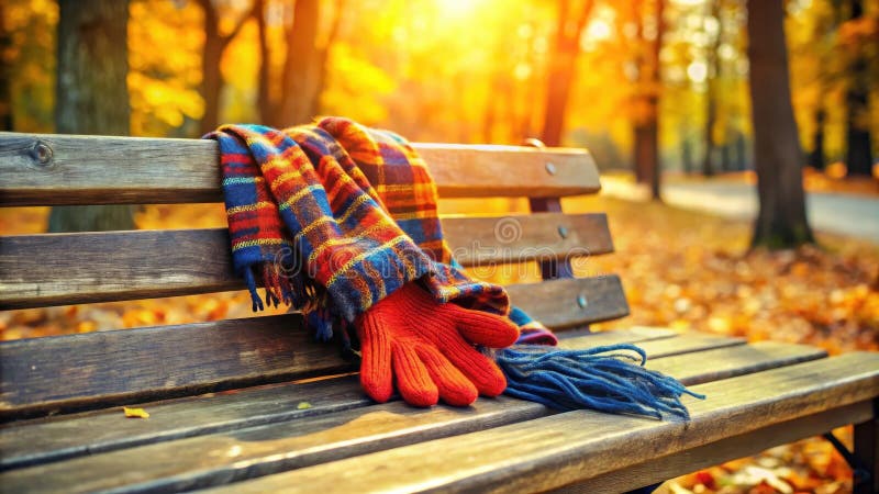 Autumnal Park Bench with Cozy Scarf and Gloves. Generative AI Stock ...