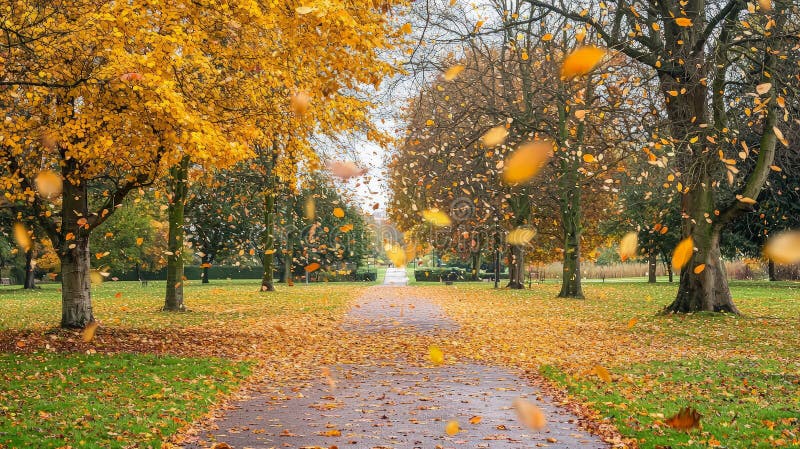Autumnal Park Path with Falling Leaves Stock Photo - Image of ...