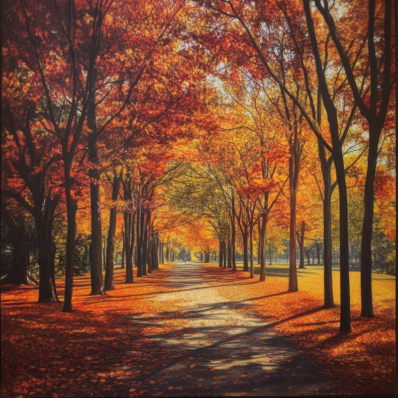 Autumnal Path through Golden Canopy of Trees Stock Illustration ...