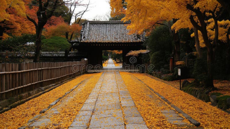 Autumnal Path through a Japanese Temple Gate Stock Illustration ...