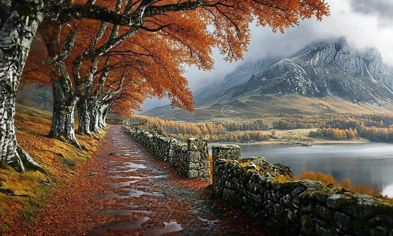 Autumnal Path by a Lake, with Dramatic Mountains and Trees Stock ...