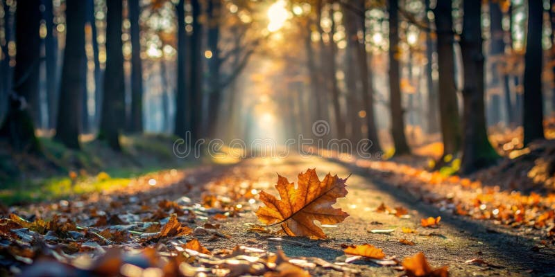 Autumnal Path Single Fallen Leaf on Sunlit Forest Road. Generative AI ...
