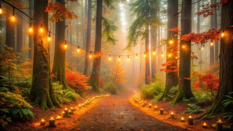 Autumnal Pathway Illuminated by String Lights and Candles in a Misty ...