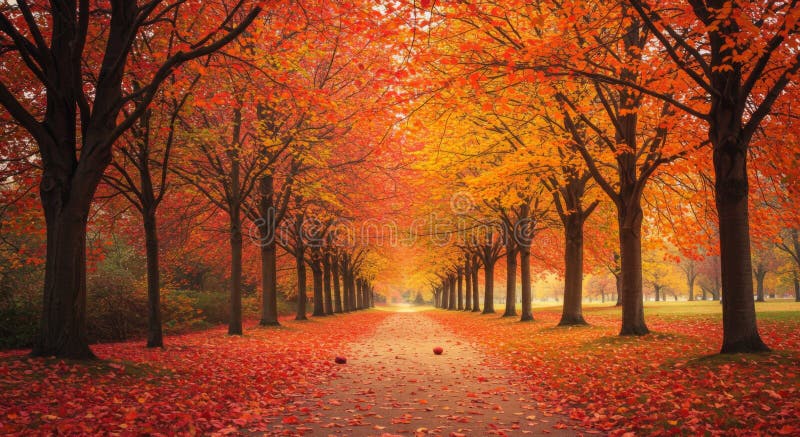 Autumnal Pathway through Red and Orange Trees Stock Illustration ...