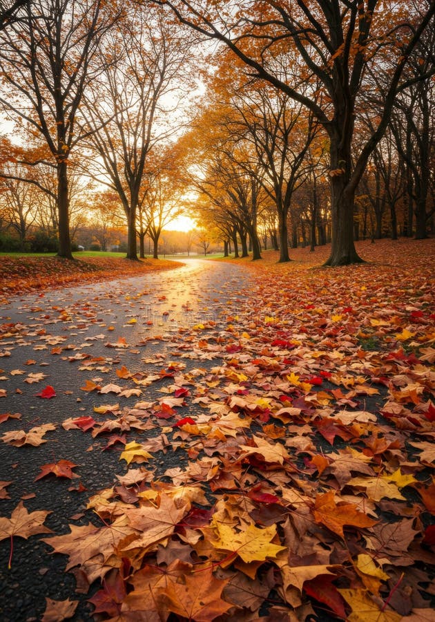 Autumnal Pathway: Sunlit Road Covered in Red and Gold Leaves Stock ...