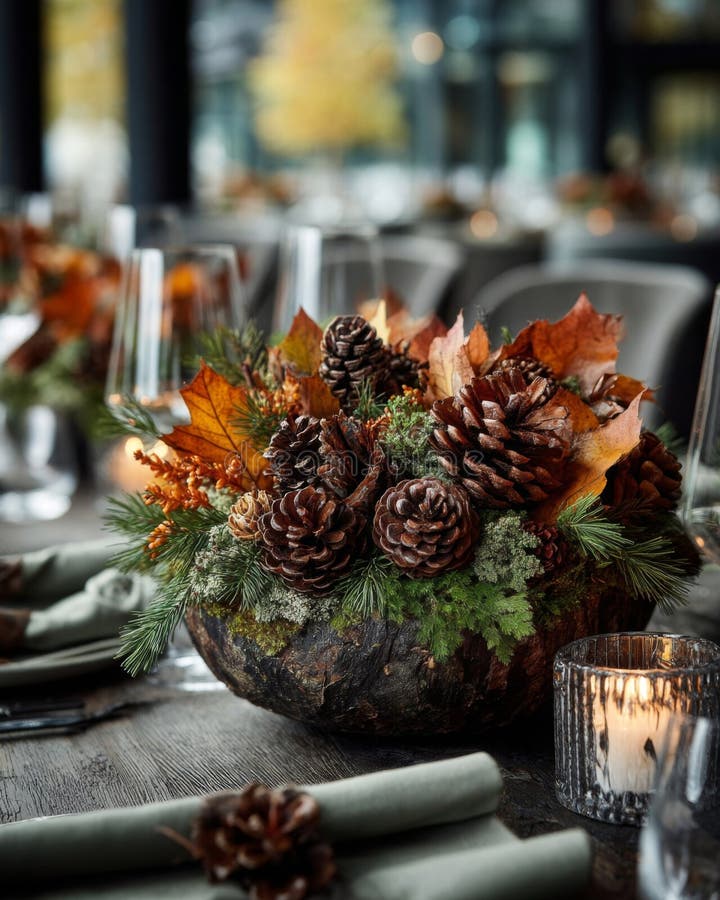 Autumnal Pine Cone and Leaf Centerpiece on Rustic Table Stock ...