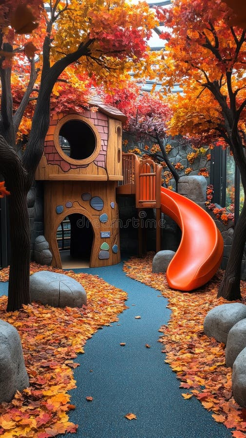 Autumnal Playground Illustration with Treehouse, Slide and Fall Foliage ...