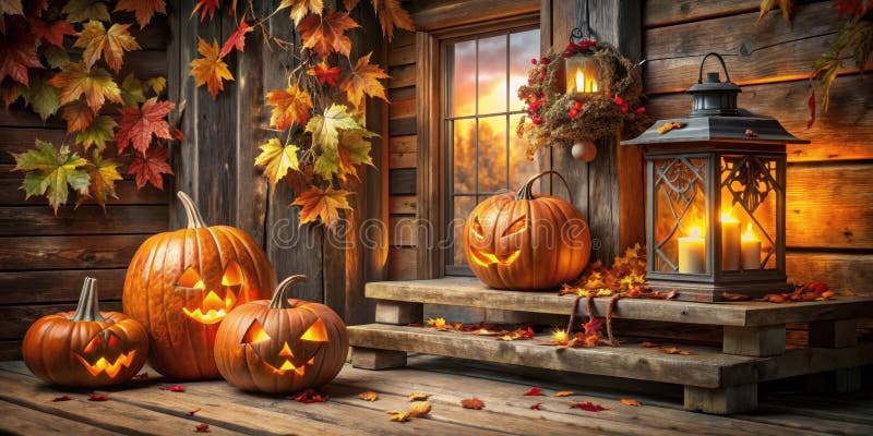 Autumnal Porch Display with Illuminated Jack-o -lanterns and Lantern ...