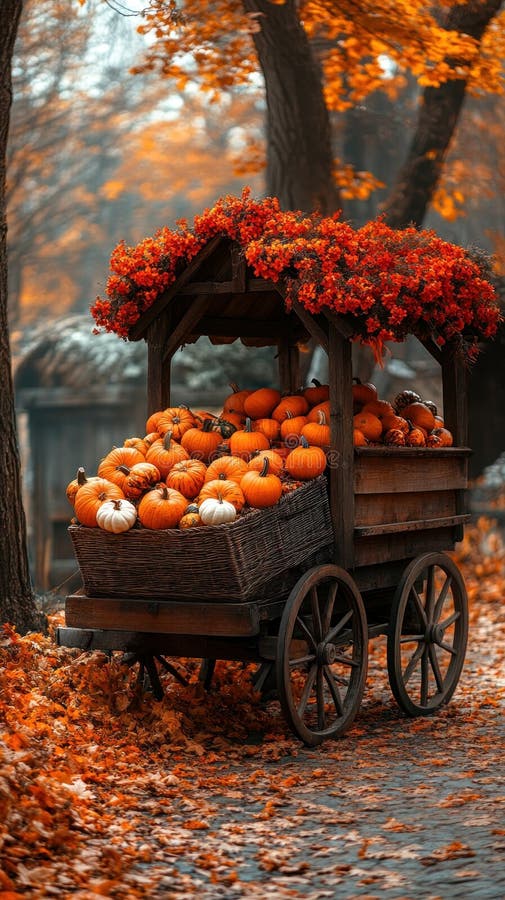 Pumpkin Cart with Green and Orange Berries Stock Vector - Illustration ...