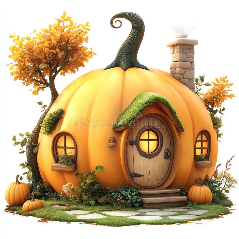 Autumnal Pumpkin House with Stone Path and Trees - 3D Illustration ...