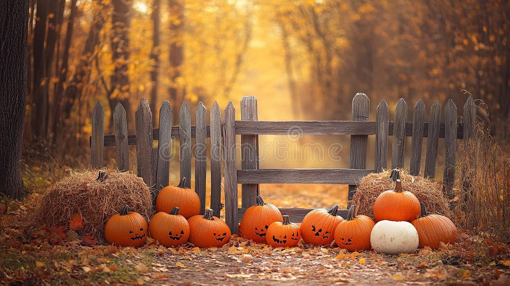 Autumnal Pumpkin Patch Gate Scene; Fall Background Stock Photo - Image ...