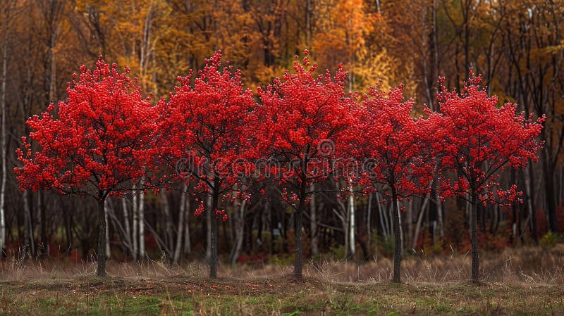 Autumnal Red Trees in Forest Stock Illustration - Illustration of ...