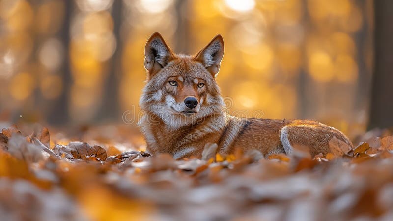Autumnal Red Wolf Resting in Leaf-strewn Forest Stock Illustration ...