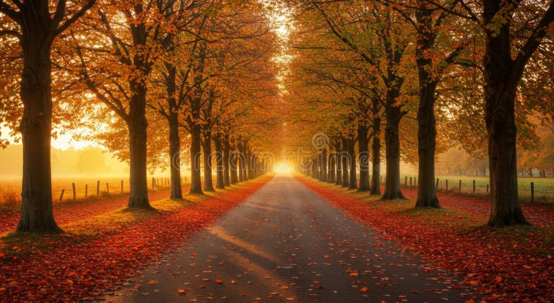 Autumnal Road through Tree Lined Pathway at Sunrise Stock Illustration ...