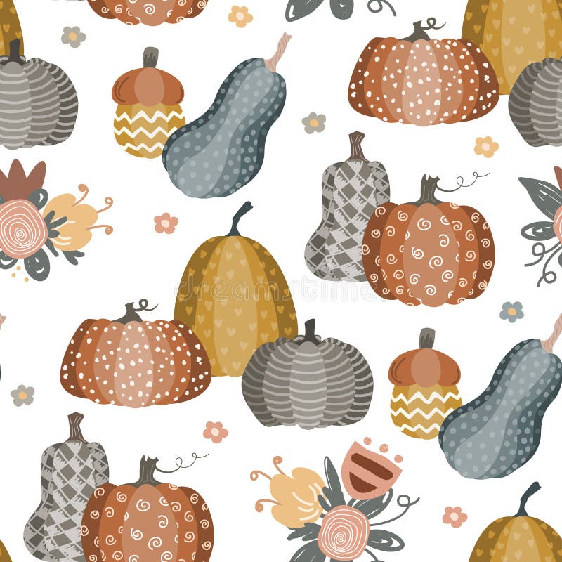 Autumnal Seamless Pattern with Doodle Hand Drawn Pumpkins and Flowers ...
