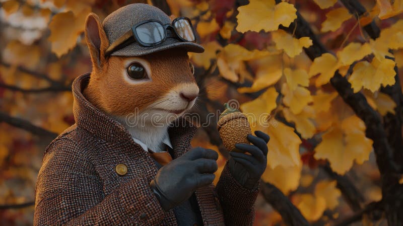 Autumnal Squirrel Detective Examining Acorn in Fall Park Setting AI ...