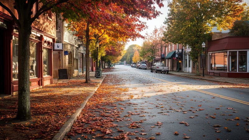 Autumnal Street Scene with Fall Foliage and Shops Stock Illustration ...