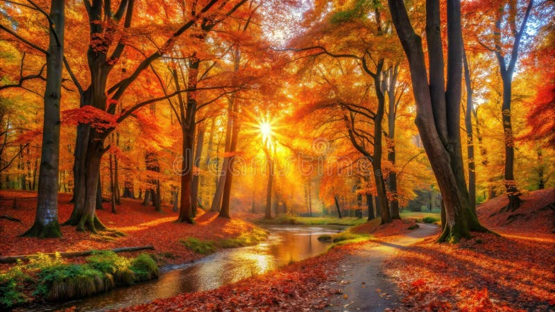 Autumnal Sunbeams Illuminating a Scenic Forest Path beside a Tranquil Stream. Generative AI ...
