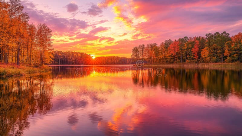 Autumnal Sunset Reflected in a Still Lake Stock Illustration ...