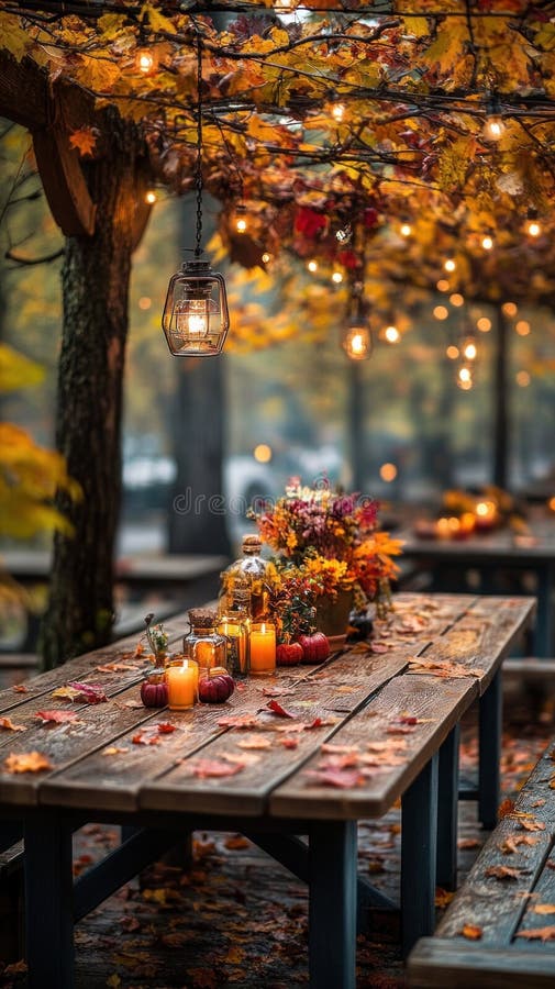 Autumnal Table Setting with Candles and Leaves - Realistic Photo Stock ...