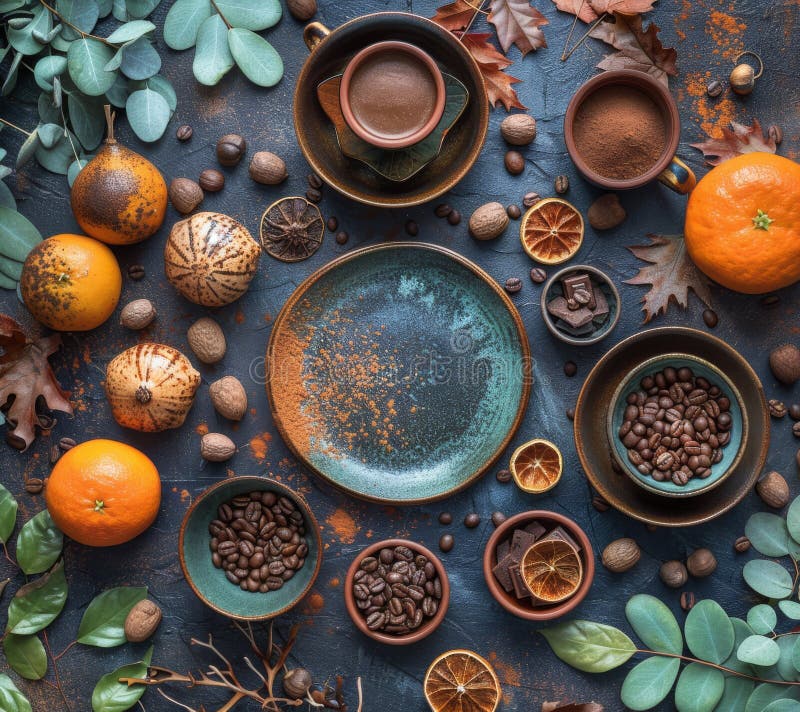 Autumnal Table Setting with Coffee Beans, Citrus, and Chocolate Stock ...