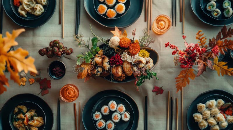 An Autumnal Table Setting Featuring Various Asian Dishes Stock ...