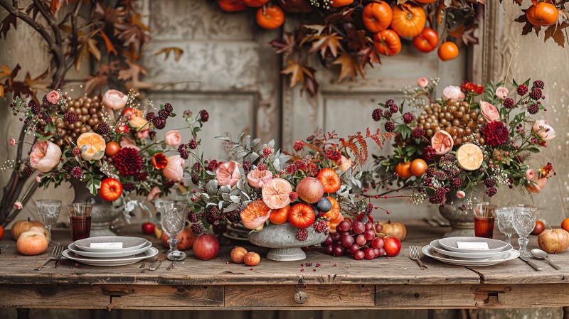 Autumnal Table Setting with Floral Centerpieces Stock Illustration ...