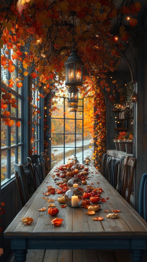 Autumnal Table Setting with Lanterns and Leaves 3D Illustration Stock ...