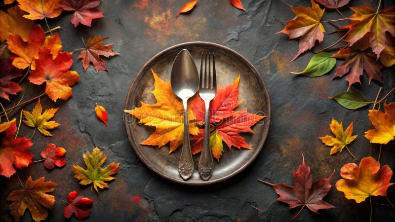 Autumnal Table Setting with Silverware and Fall Leaves. Generative AI ...