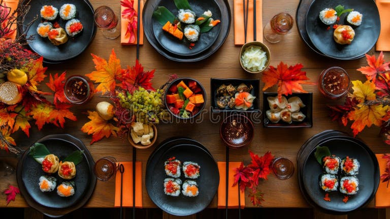 Autumnal Table Setting with Sushi, Dumplings, and Side Dishes Stock ...