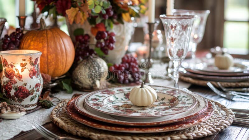 Autumnal Table Setting with White Pumpkin Centerpiece Stock ...
