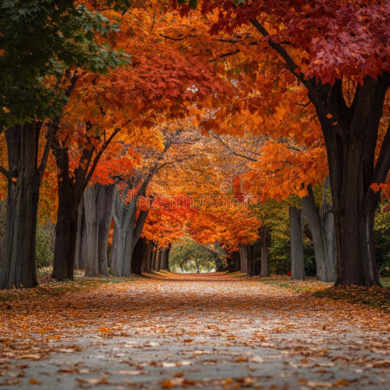 Autumnal Tree Canopy Over a Paved Pathway Stock Illustration ...