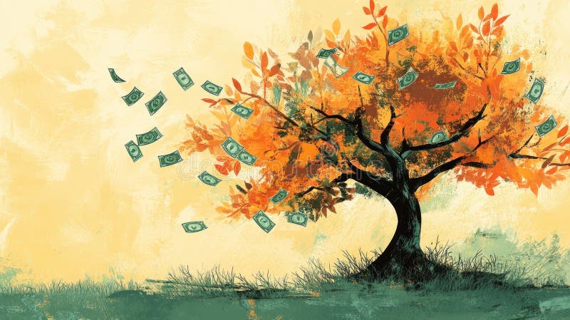 Autumnal Tree with Falling Money Stock Illustration - Illustration of ...