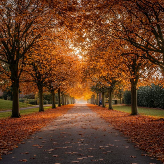 Autumnal Tree Lined Pathway with Fallen Leaves Stock Illustration ...