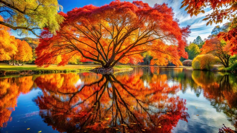 Autumnal Tree Reflection in Still Water Vibrant Fall Foliage and Serene ...