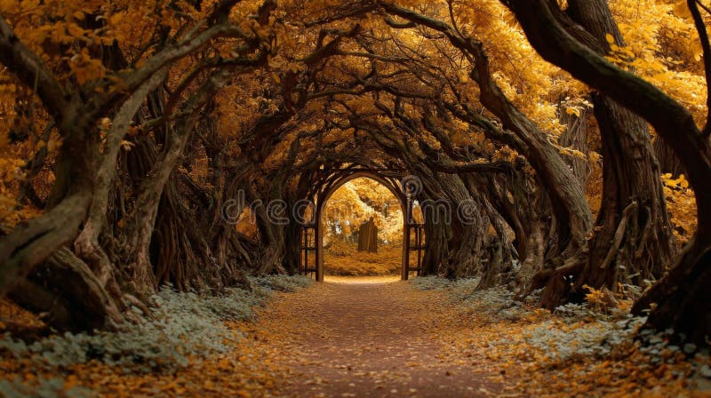 Autumnal Tree Tunnel Path with Gate Stock Illustration - Illustration ...