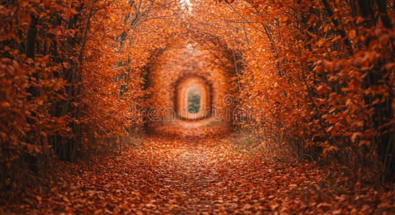 Autumnal Tree Tunnel Path with Orange and Red Leaves Stock Illustration ...