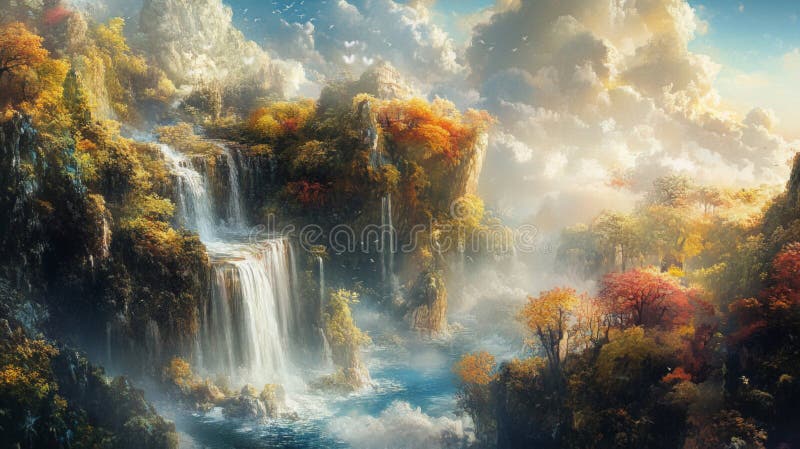Autumnal Waterfall Fantasy Landscape Stock Illustration - Illustration ...