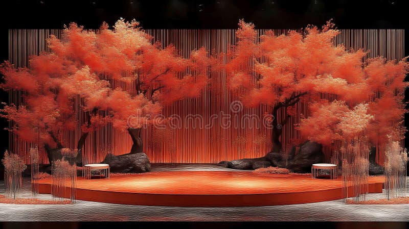 Autumnal Wedding Stage Design with Red Trees and Stage Stock ...