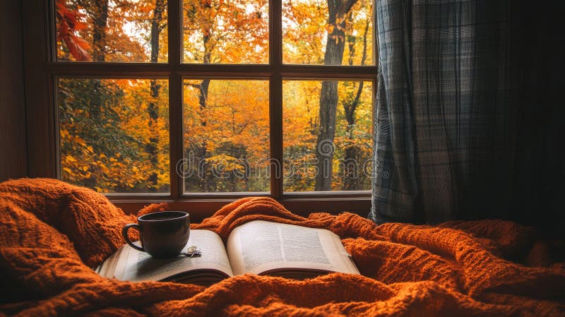 Autumnal Window View with Open Book and Mug of Coffee Stock ...