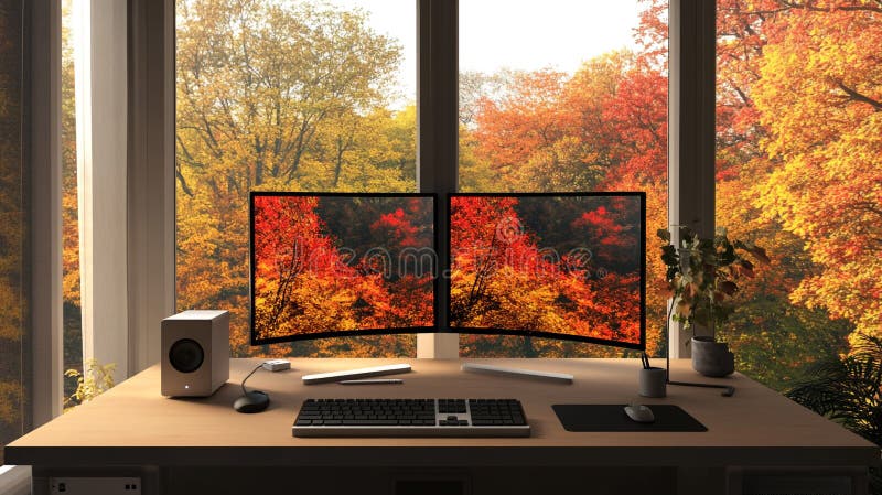 Autumnal Workspace Dual Monitors Desk Setup Fall Foliage View Stock ...