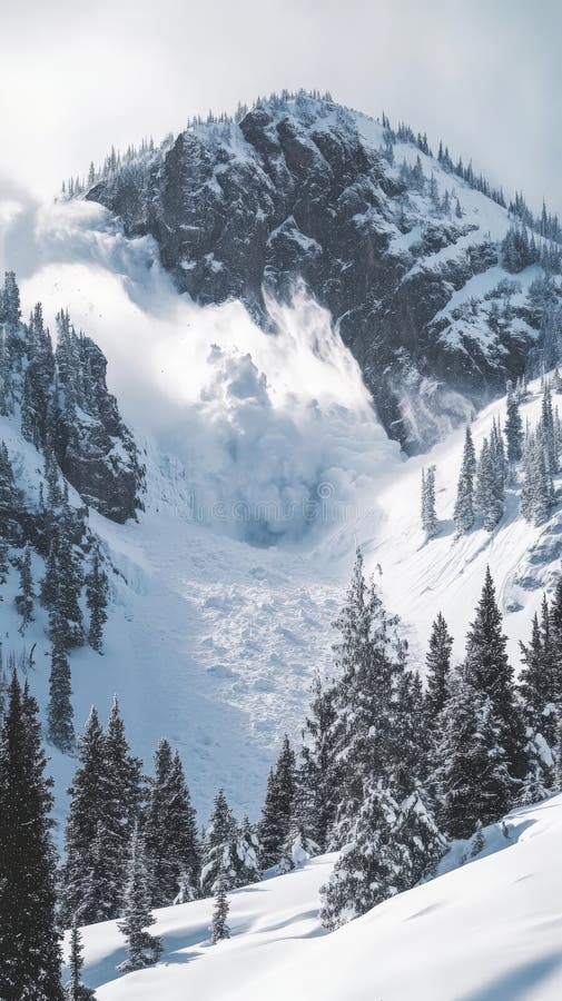 Avalanche Cascading Down Snowy Mountain with Pine Trees Surrounding the ...