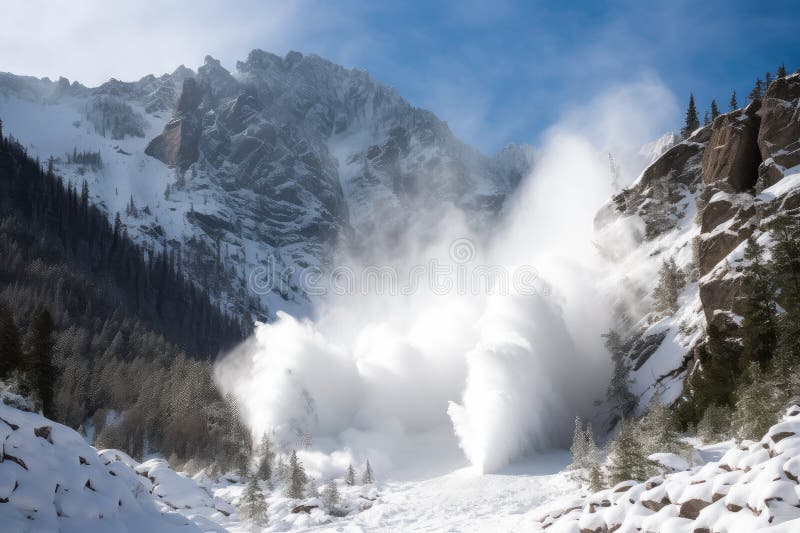 Avalanche Crashing Down the Sides of a Mountain, with Gleaming Snow and ...