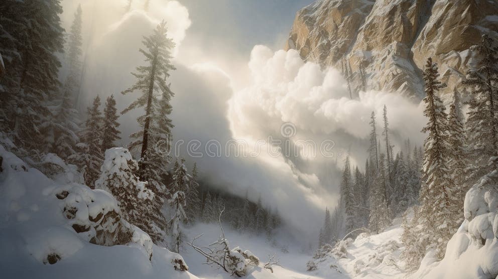 An Avalanche Descends from the Mountains, Breaking Trees and ...