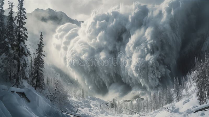 An Avalanche Descends from the Mountains, Breaking Trees and ...